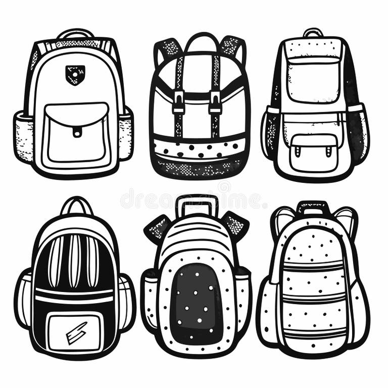 Hand-Drawn Backpack Doodle Set – 6 Unique Black and White Bag ...