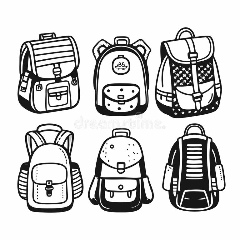 Hand-Drawn Backpack Doodle Set – 6 Unique Black and White Bag ...