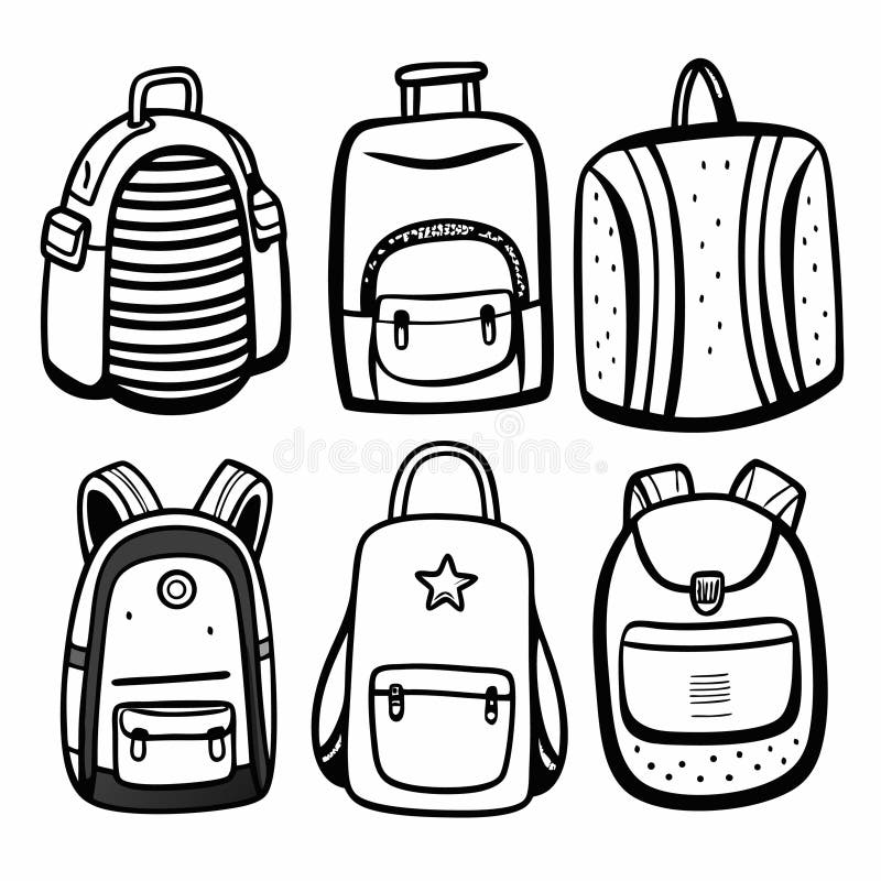 Hand-Drawn Backpack Doodle Set – 6 Unique Black and White Bag ...