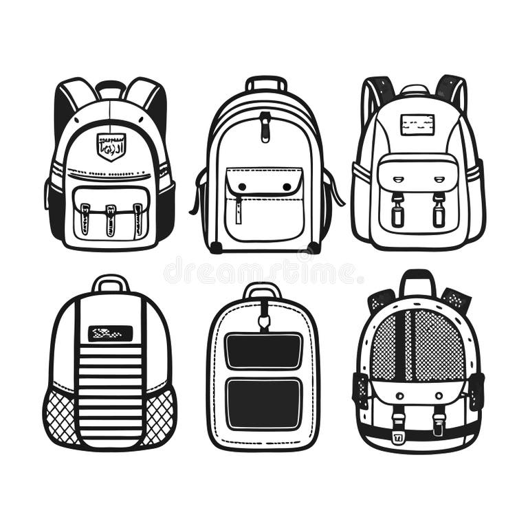 Hand-Drawn Backpack Doodle Set – 6 Unique Black and White Bag ...