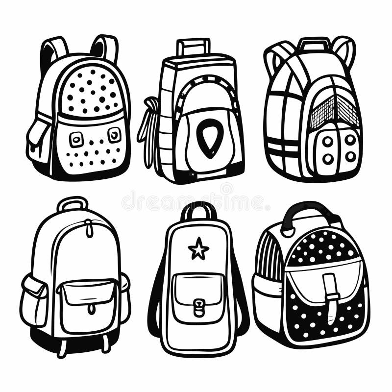 Hand-Drawn Backpack Doodle Set – 6 Unique Black and White Bag ...
