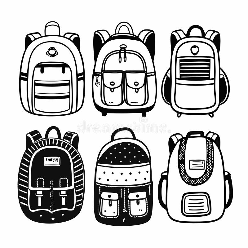 Hand-Drawn Backpack Doodle Set – 6 Unique Black and White Bag ...