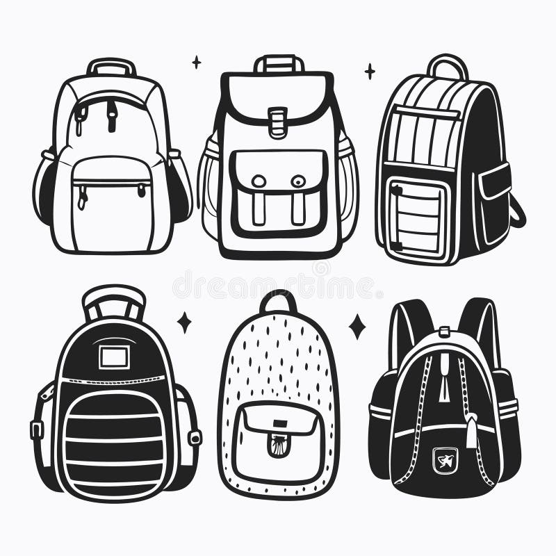 Hand-Drawn Backpack Doodle Set – 6 Unique Black and White Bag ...