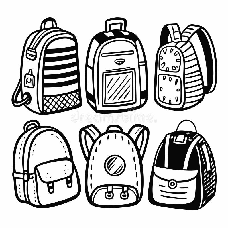 Hand-Drawn Backpack Doodle Set – 6 Unique Black and White Bag ...