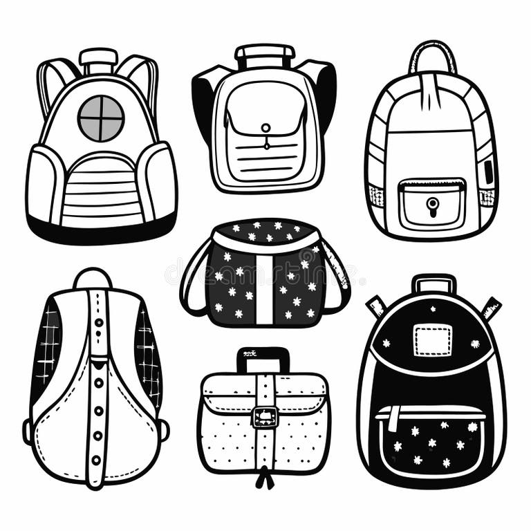 Hand-Drawn Backpack Doodle Set – 6 Unique Black and White Bag ...