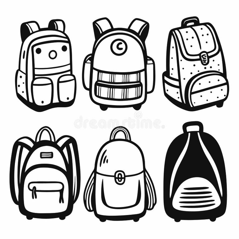 Hand-Drawn Backpack Doodle Set – 6 Unique Black and White Bag ...