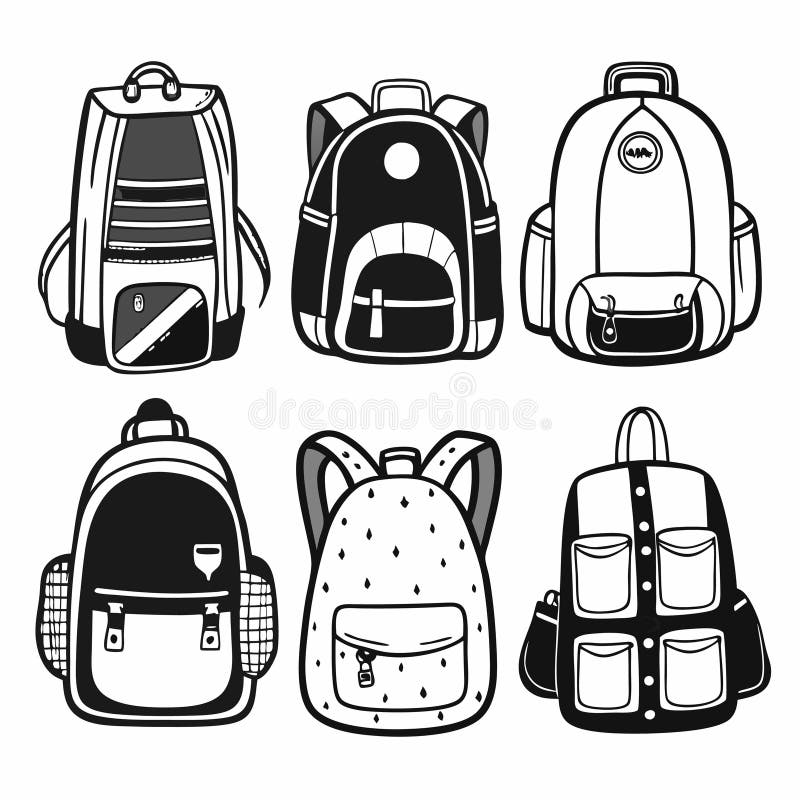 Hand-Drawn Backpack Doodle Set – 6 Unique Black and White Bag ...