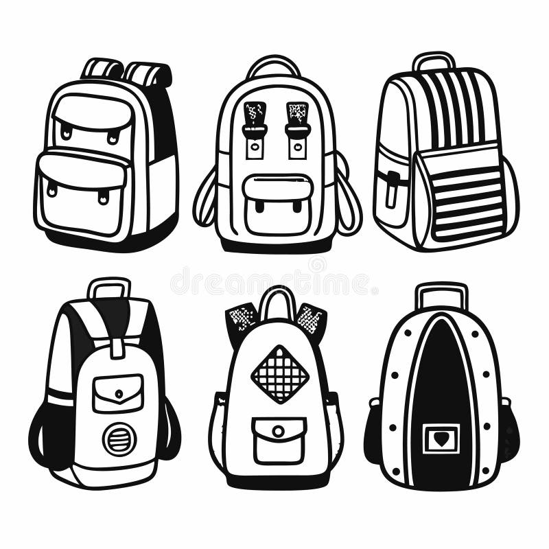 Hand-Drawn Backpack Doodle Set – 6 Unique Black and White Bag ...