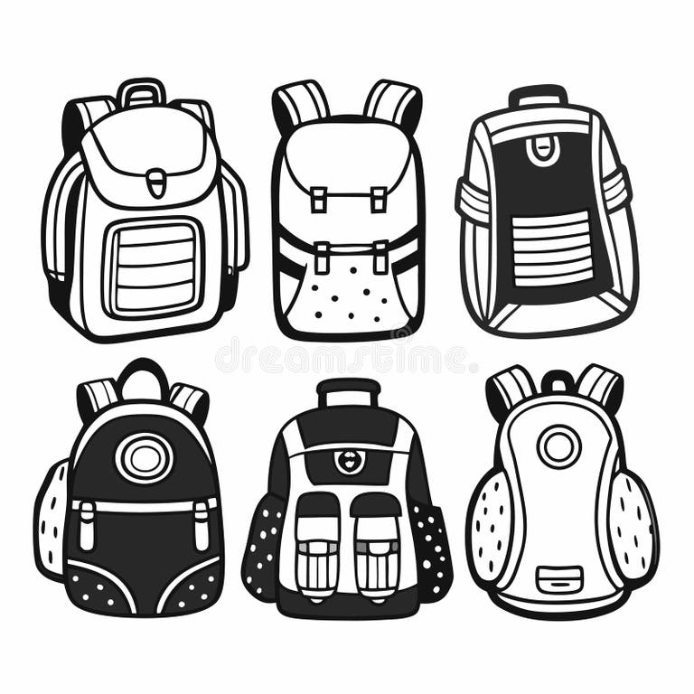 Hand-Drawn Backpack Doodle Set – 6 Unique Black and White Bag ...