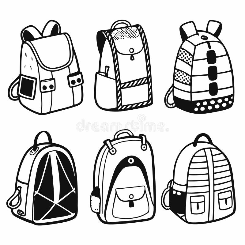 Hand-Drawn Backpack Doodle Set – 6 Unique Black and White Bag ...