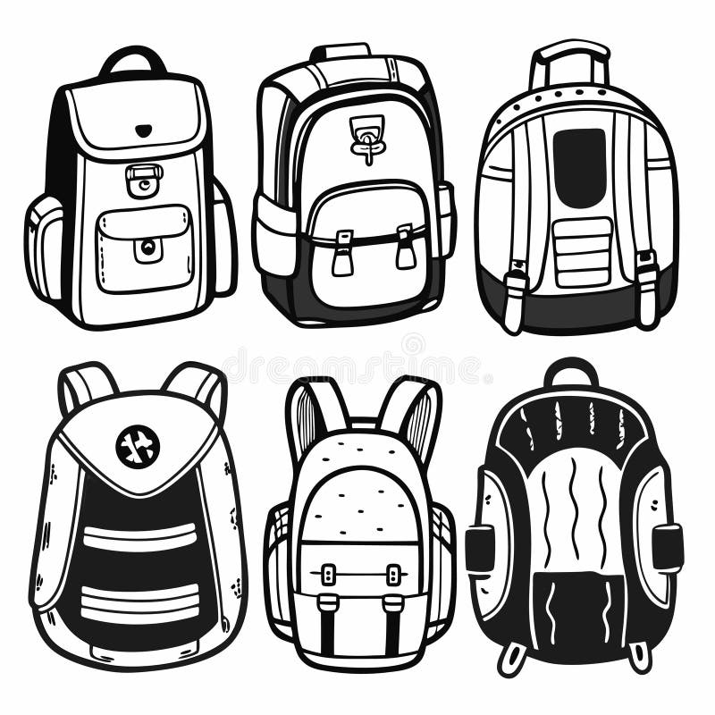 Hand-Drawn Backpack Doodle Set – 6 Unique Black and White Bag ...