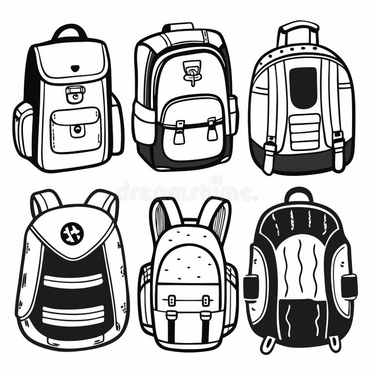 Hand-Drawn Backpack Doodle Set – 6 Unique Black and White Bag ...