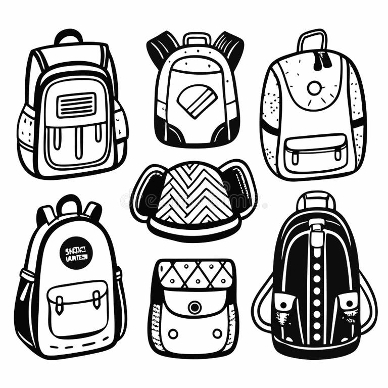 Hand-Drawn Backpack Doodle Set – 6 Unique Black and White Bag ...