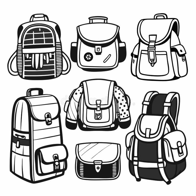 Hand-Drawn Backpack Doodle Set – 6 Unique Black and White Bag ...