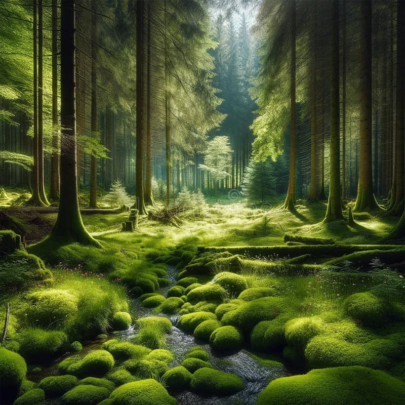 Forest Oasis - Idyllic Small Stream in Lush Woodland Stock Illustration ...