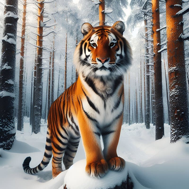 Icy Domain: the Formidable Tiger Roams Snowy Peaks. Stock Illustration ...