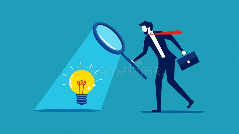 Discover Ideas. Businessman Looking at Idea Light Bulb from Magnifying ...