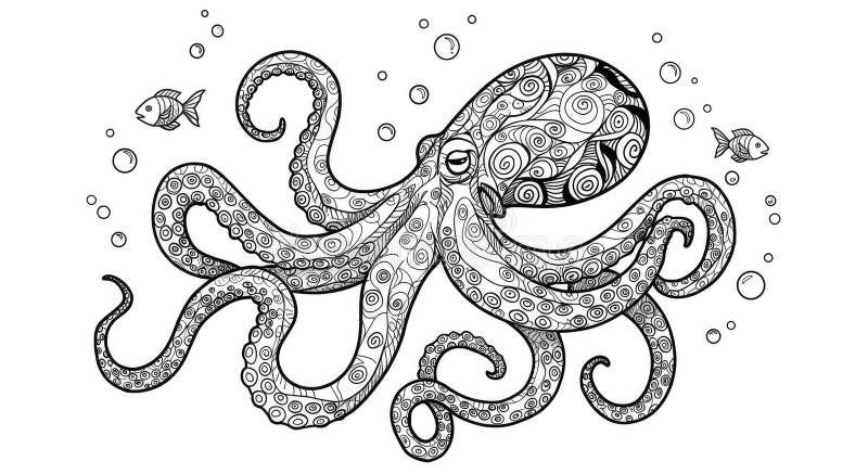 Stylized Octopus Outline Featuring Swirling Body Patterns and Curled ...
