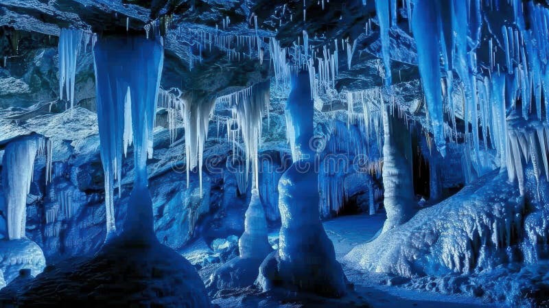 Glowing Blue Icy Cave Interior with Stunning Features Stock ...