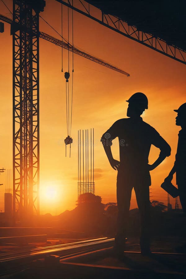 Silhouette Engineer Worker Building Site Construction Site Sunset ...