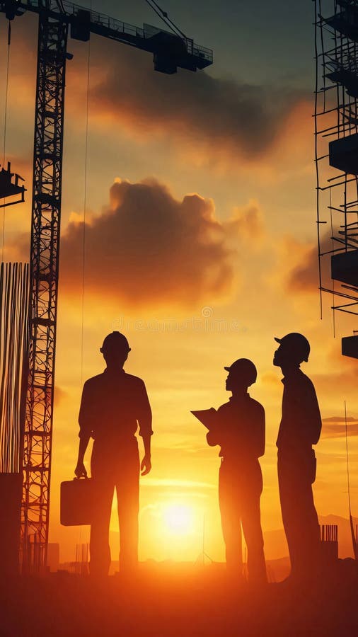 Silhouette Engineer Worker Building Site Construction Site Sunset ...