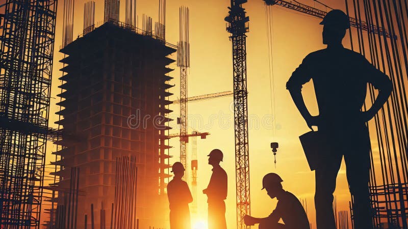 Silhouette Engineer Worker Building Site Construction Site Sunset ...