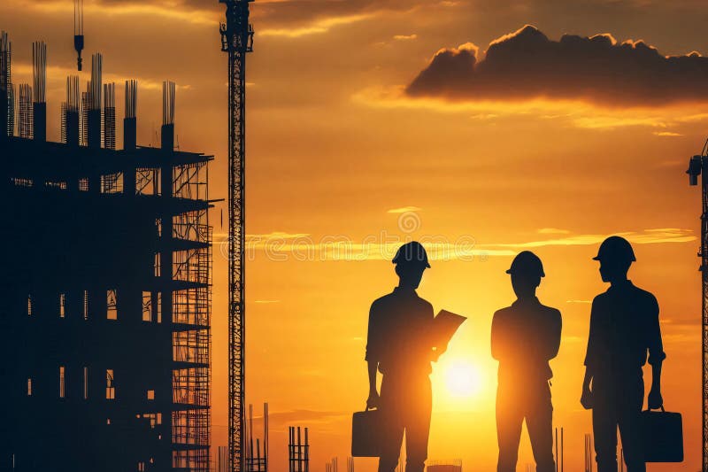 Silhouette Engineer Worker Building Site Construction Site Sunset ...