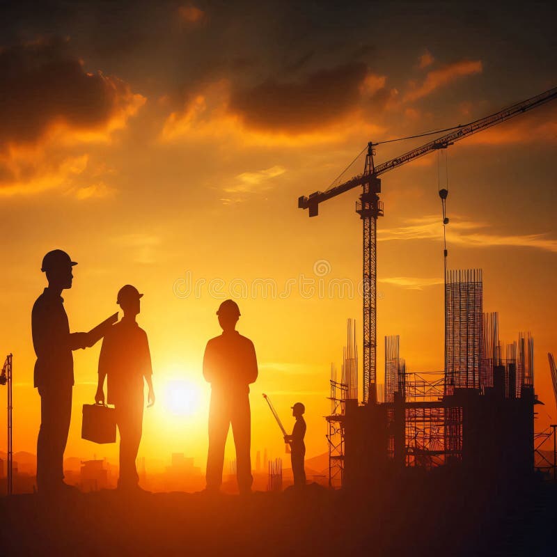 Silhouette Engineer Worker Building Site Construction Site Sunset ...
