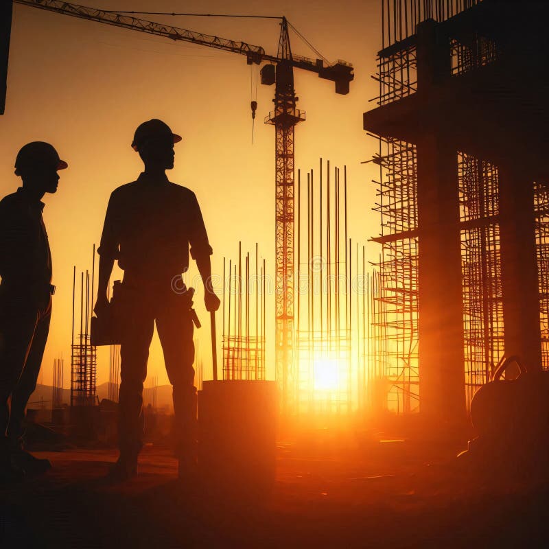 Silhouette Engineer Worker Building Site Construction Site Sunset ...