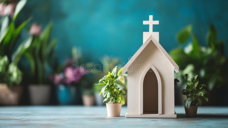 Miniature Church Model with Lush Greenery a Blank Canvas Background for ...