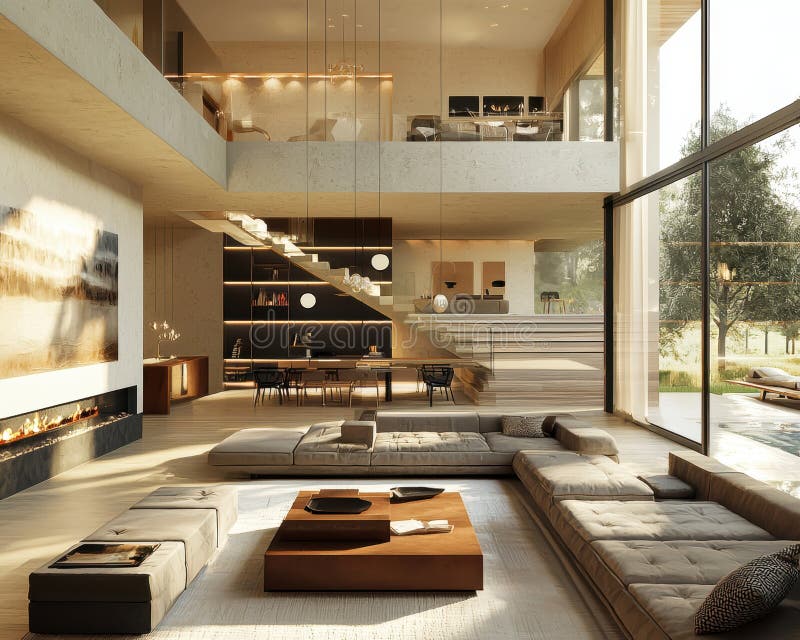 Modern Open Plan Living Space with High Ceilings Stock Illustration ...