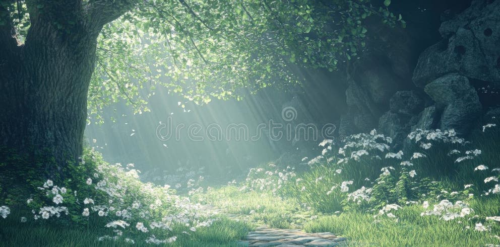 Discover a Peaceful Path through Green Meadow with Sunlight and Flowers ...