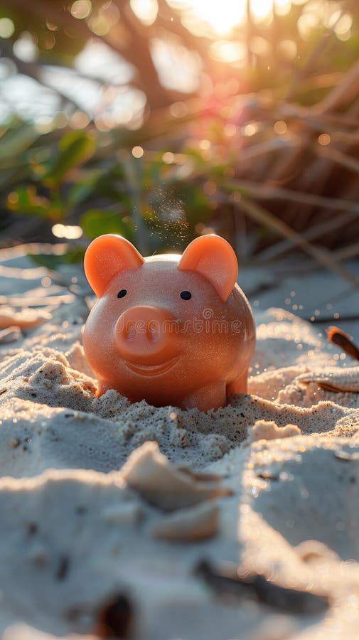 Piggy Bank Laying on the Beach in Sand, Vacation Savings Loan Travel ... Piggy Bank Laying on the Beach in Sand, Vacation Savings Loan Travel ...