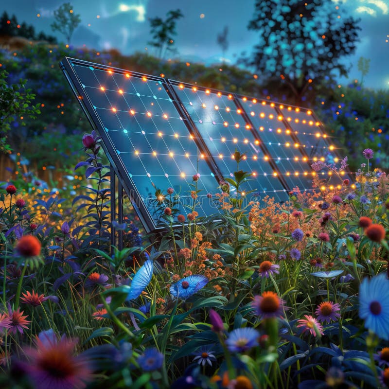 Garden with Solar Panel and Warm Lights, Surrounded by Flowers ...
