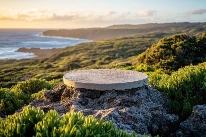 Serene Natural Setting with Smooth Flat Stone and Coastal View Stock ...