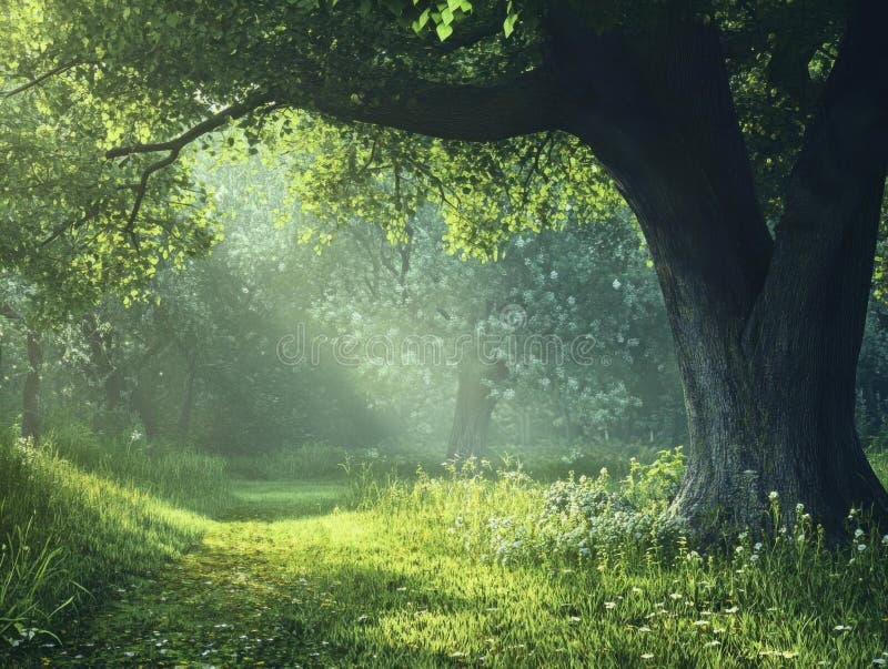 Discover Serene Path through Lush Forest Stock Illustration ...