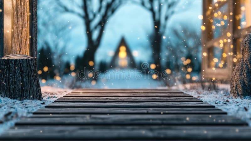 Discover a Serene Winter Pathway, a Wooden Bridge Leading To a Glowing ...