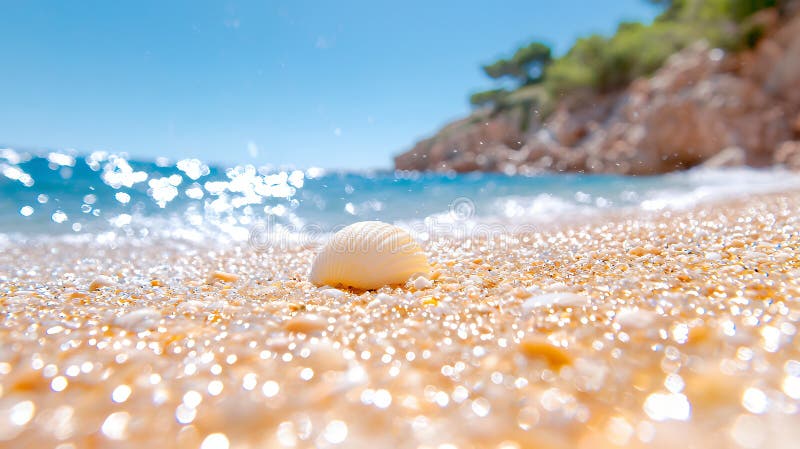 Discover Shell on Sandy Beach with Glimmering Ocean Waves in the ...