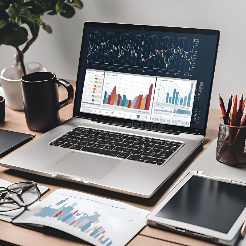 Modern Office Workspace with Laptop and Financial Graphs Stock ...