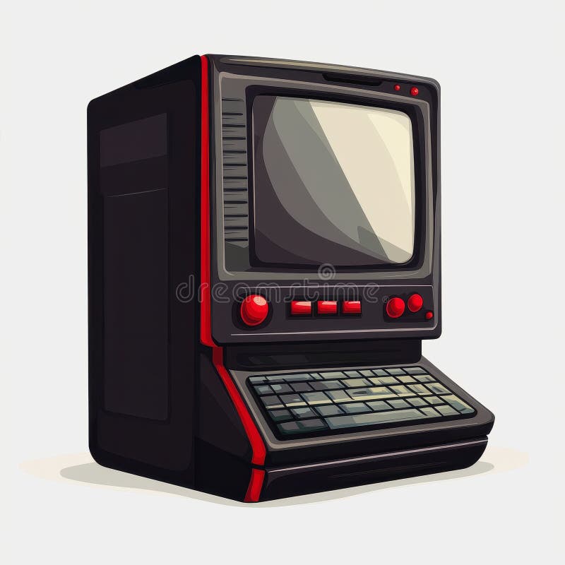Vintage Retro Computer with Keyboard and Screen in Bold Black and Red ...