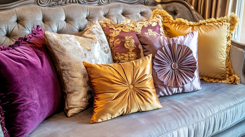 Colorful Textured Throw Pillows Collection on Elegant Sofa in Upscale ...