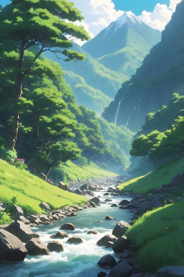 Serene River in Green Valley with Majestic Mountains - 2D Digital ...