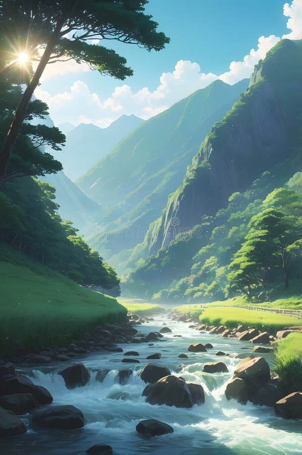 Serene River in Green Valley with Majestic Mountains - 2D Digital ...