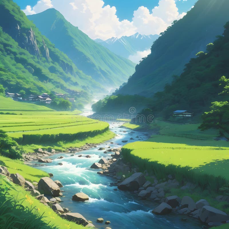 Serene River in Green Valley with Majestic Mountains - 2D Digital ...