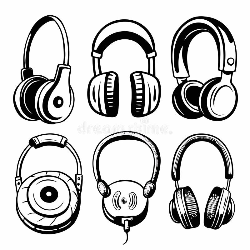 Hand-Drawn Headphones Doodle Set – 6 Unique Black and White ...