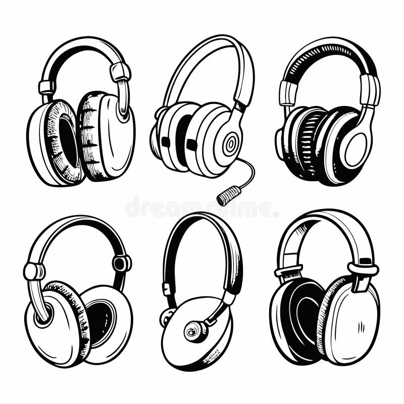 Hand-Drawn Headphones Doodle Set – 6 Unique Black and White ...