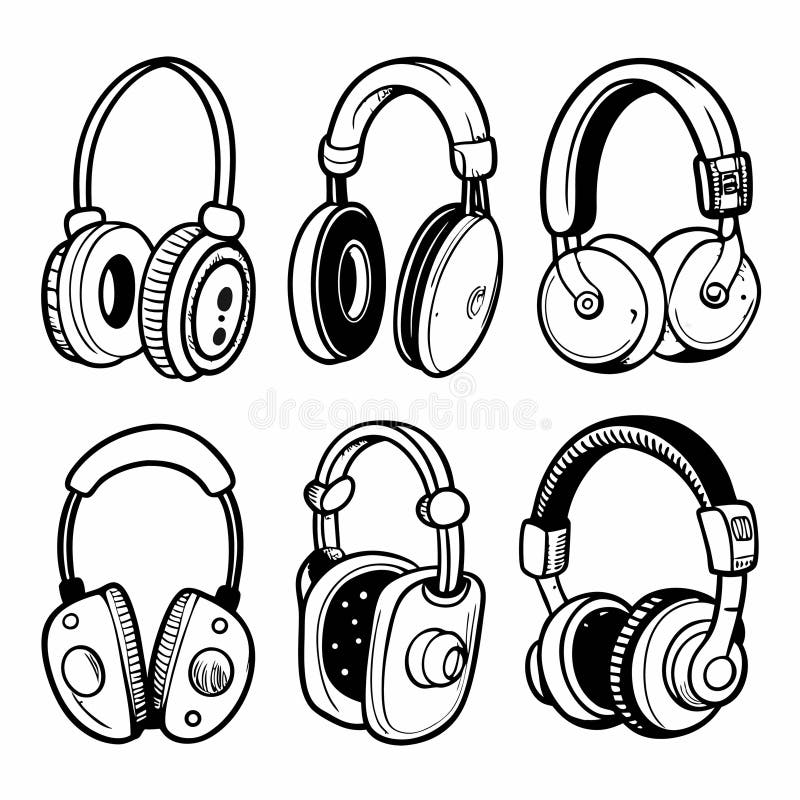 Hand-Drawn Headphones Doodle Set – 6 Unique Black and White ...