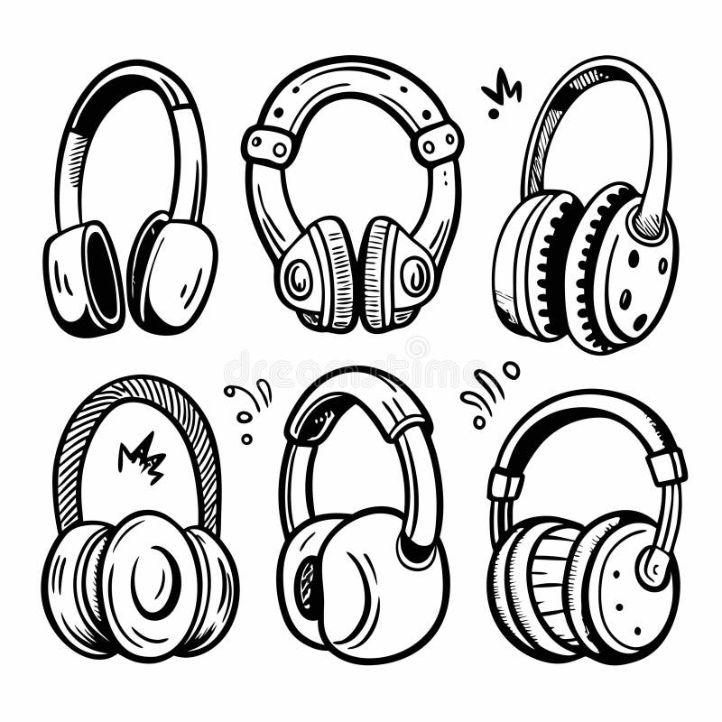 Hand-Drawn Headphones Doodle Set – 6 Unique Black and White ...