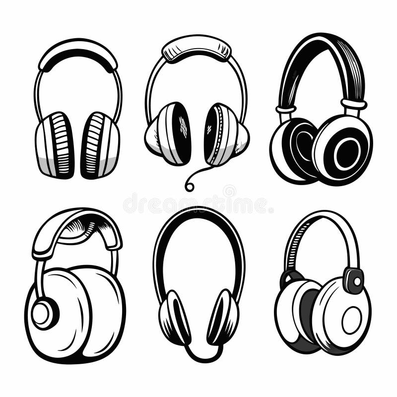 Hand-Drawn Headphones Doodle Set – 6 Unique Black and White ...