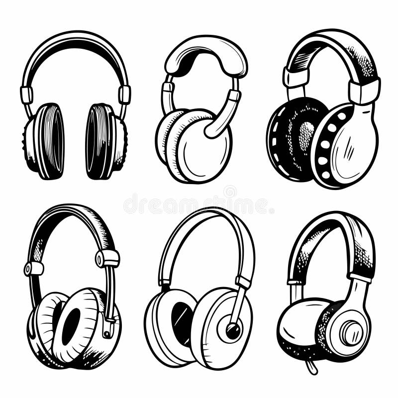 Hand-Drawn Headphones Doodle Set – 6 Unique Black and White ...